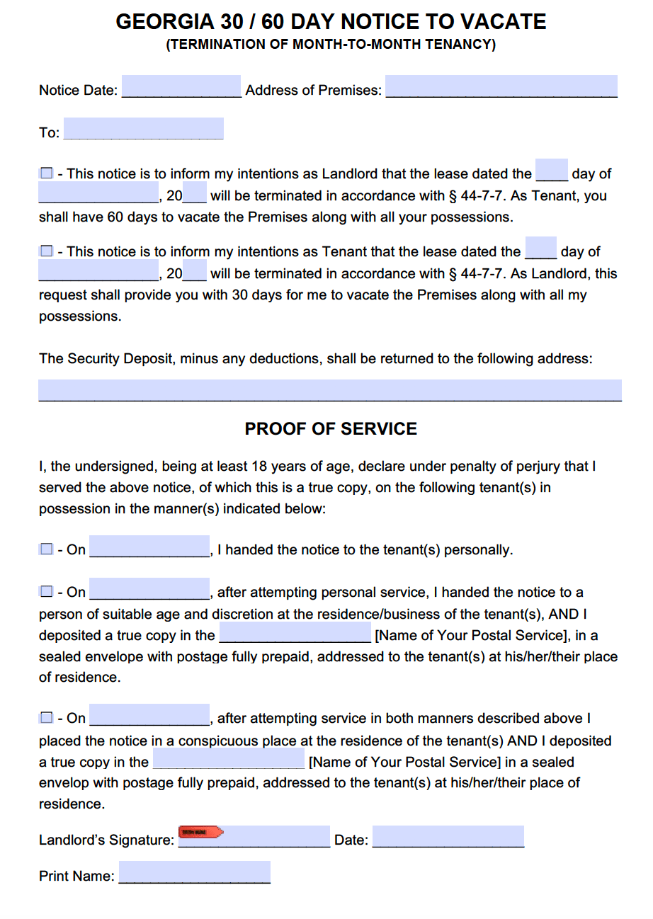 Printable Tenant 60 Day Notice To Vacate Template