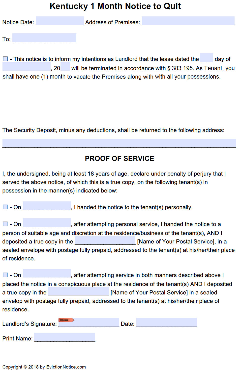 Free Kentucky 1 Month Notice To Quit Non URLTA Tenancy PDF
