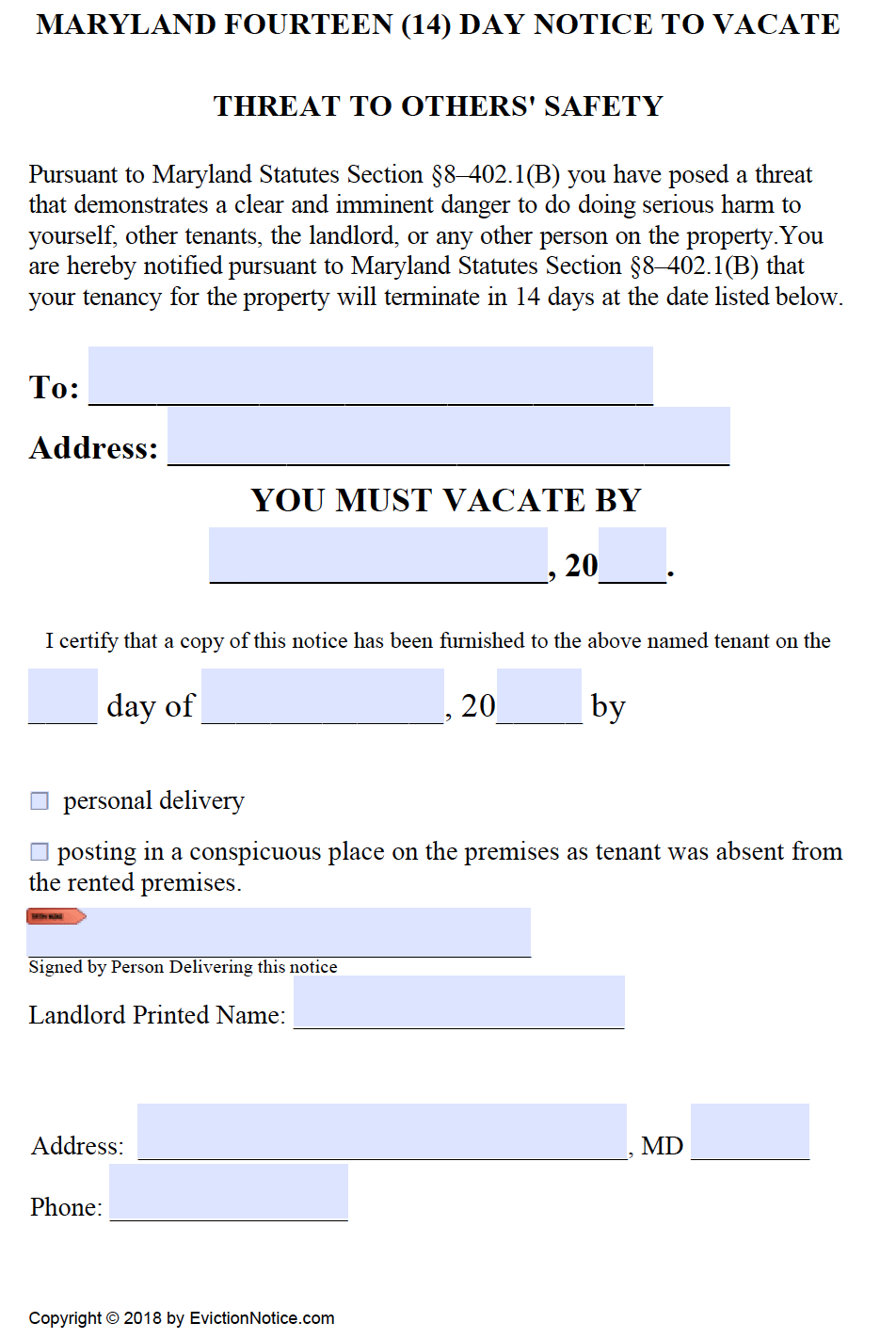Free Maryland 14 Day Notice To Quit Clear And Imminent Danger PDF