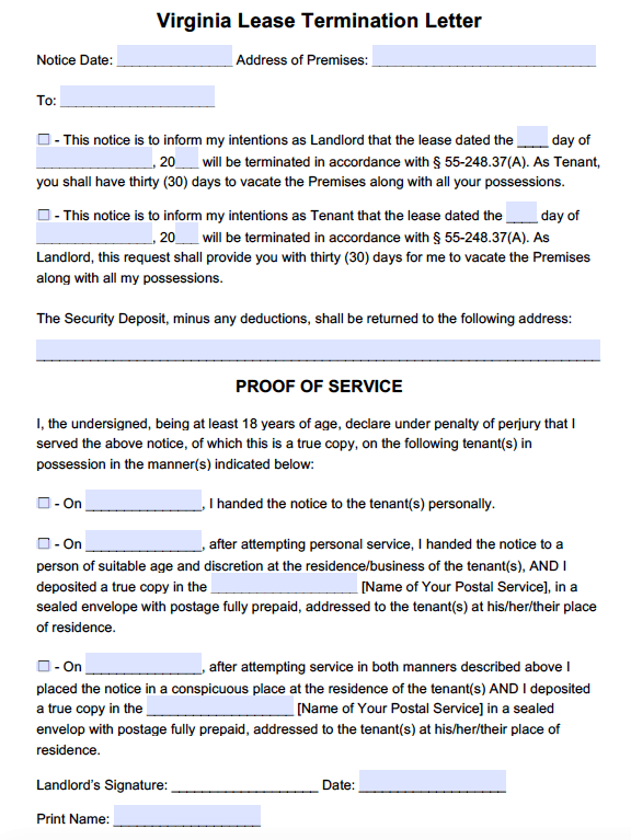 Free Virginia 30 Day Lease Termination Letter Month To Month Tenancy 